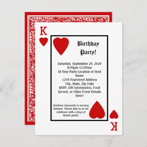 Playing Card King Hearts Birthday Party Invitation | Zazzle