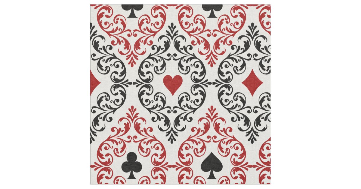 Playing Card Suits and Scroll on White Fabric | Zazzle