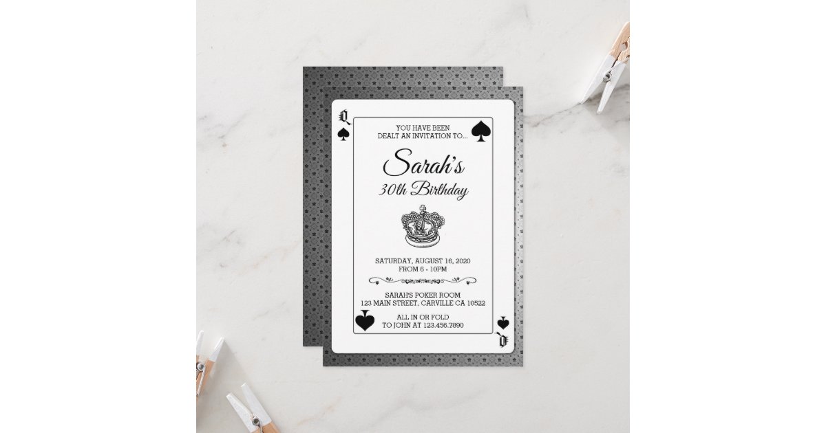 Playing Cards Queen of Spades Birthday Invitation | Zazzle