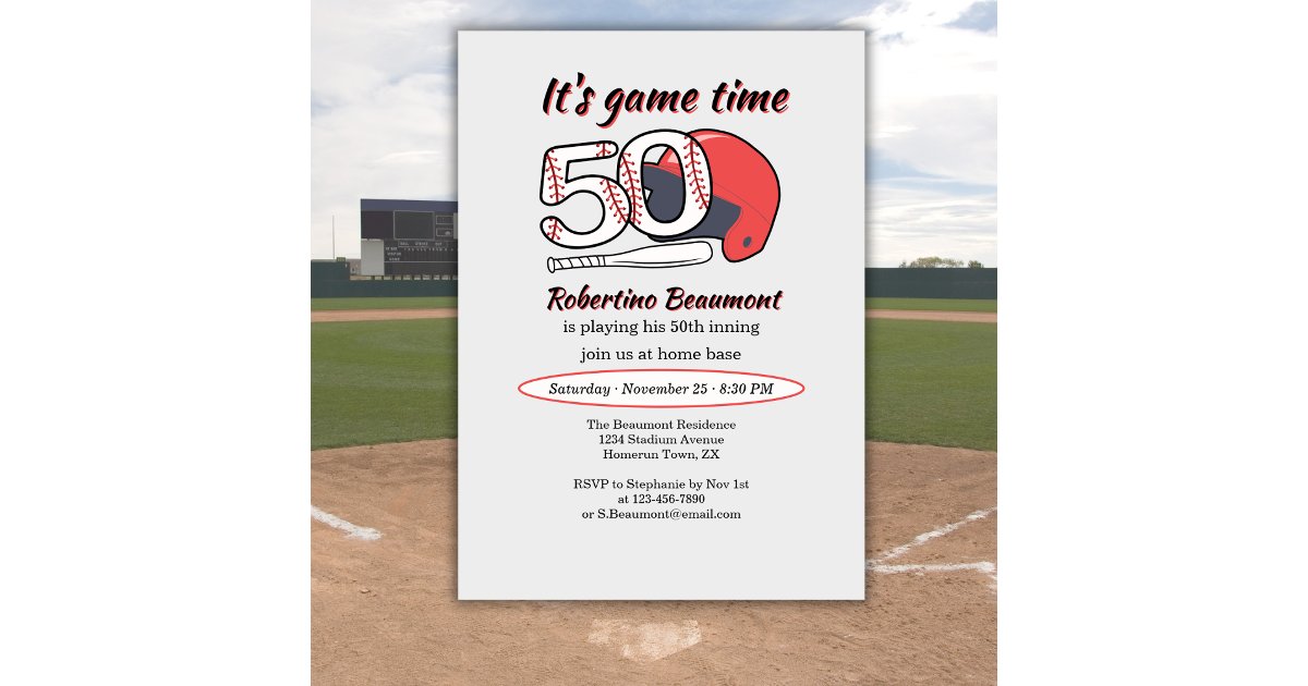 Playing His 50th Inning Baseball Birthday Party Invitation | Zazzle