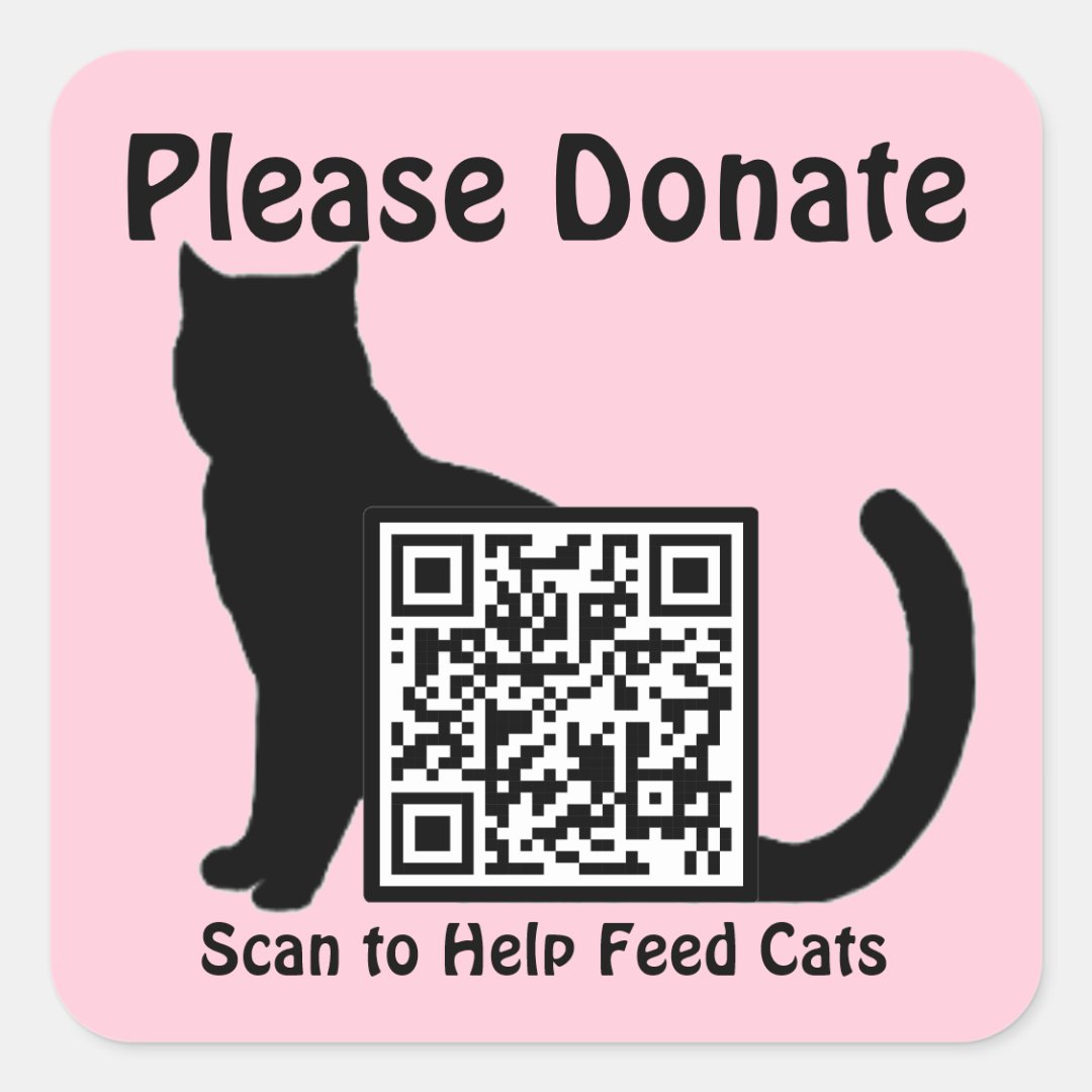 Please Donate Custom QR Code Cat Theme Pink Square Sticker | Zazzle
