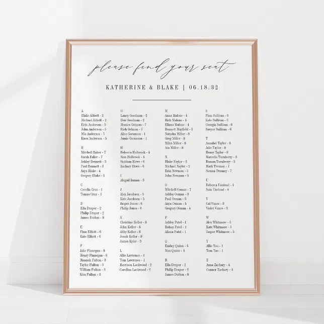 Please Find Your Seat | Alphabetical Seating Chart | Zazzle