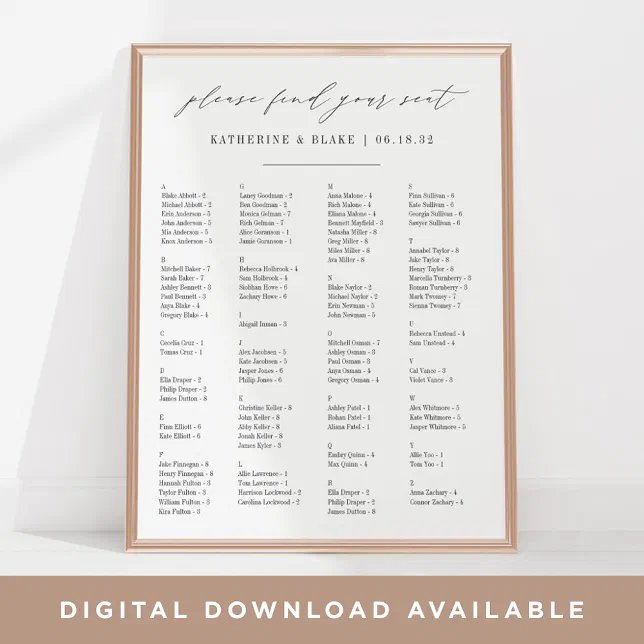 Please Find Your Seat | Alphabetical Seating Chart | Zazzle