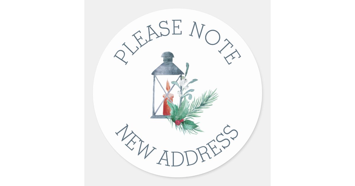 Please Note New Address Holly Candle Lit Lantern Classic Round Sticker ...