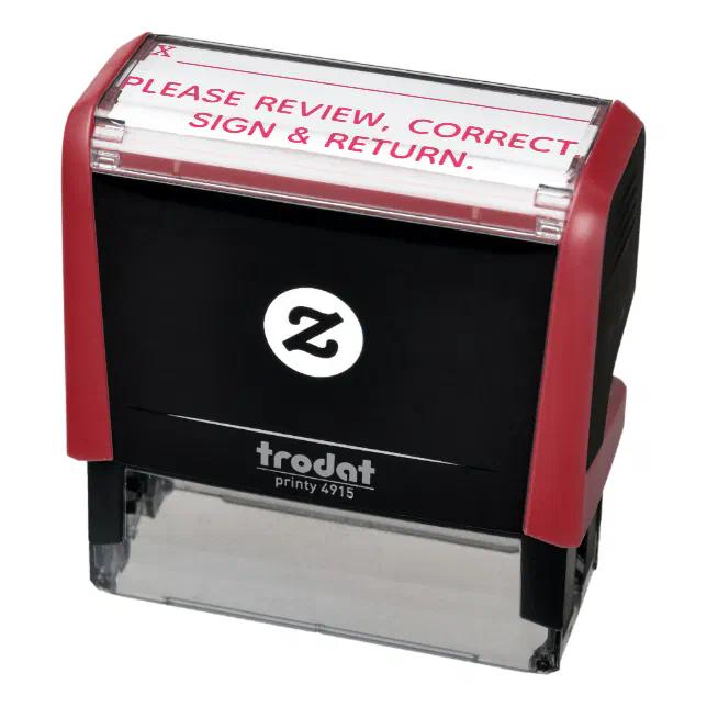 "PLEASE REVIEW, CORRECT, SIGN & RETURN." SELF-INKING STAMP | Zazzle