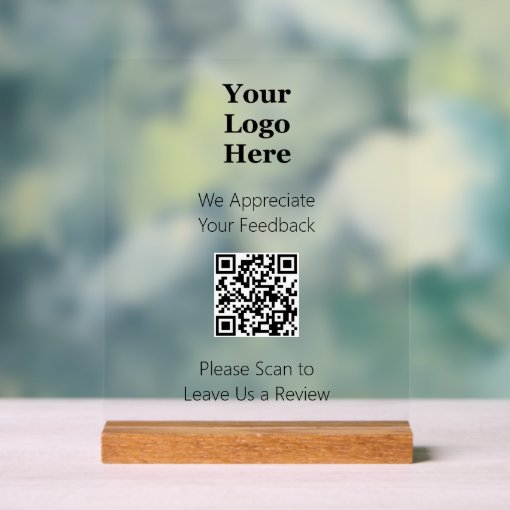 Please Scan QR Code to Leave Review Business Logo Acrylic Sign | Zazzle