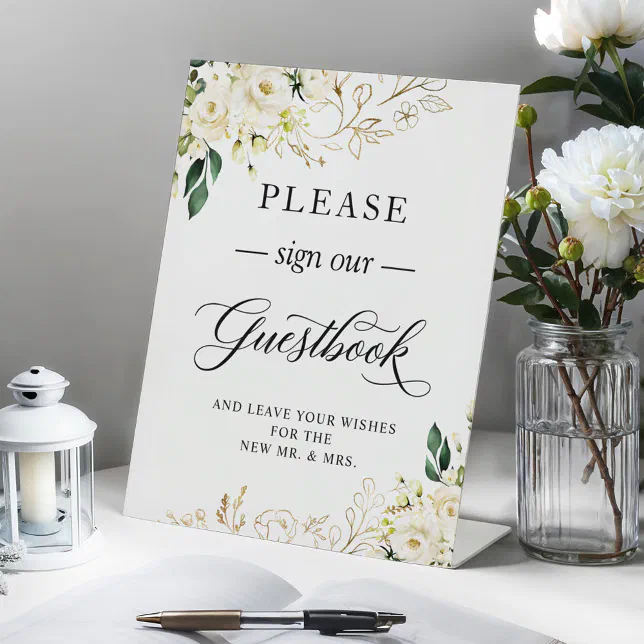 Please Sign Our Guestbook White Rose Gold Floral | Zazzle