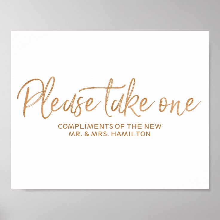 Please take one 8x10 Rose Gold Wedding Favors Sign | Zazzle