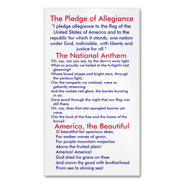 Pledge of Allegiance, National Anthem & America Business Card Magnet ...