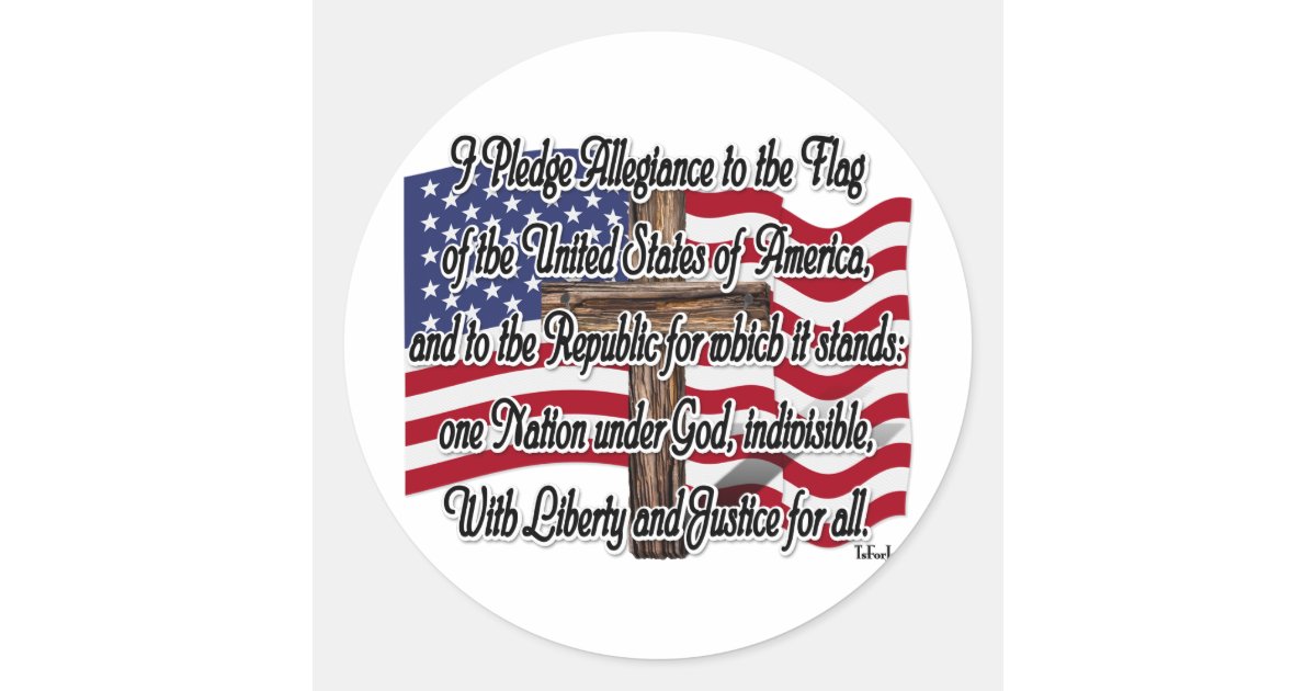 Pledge of Allegiance with US Flag and Cross Classic Round Sticker | Zazzle