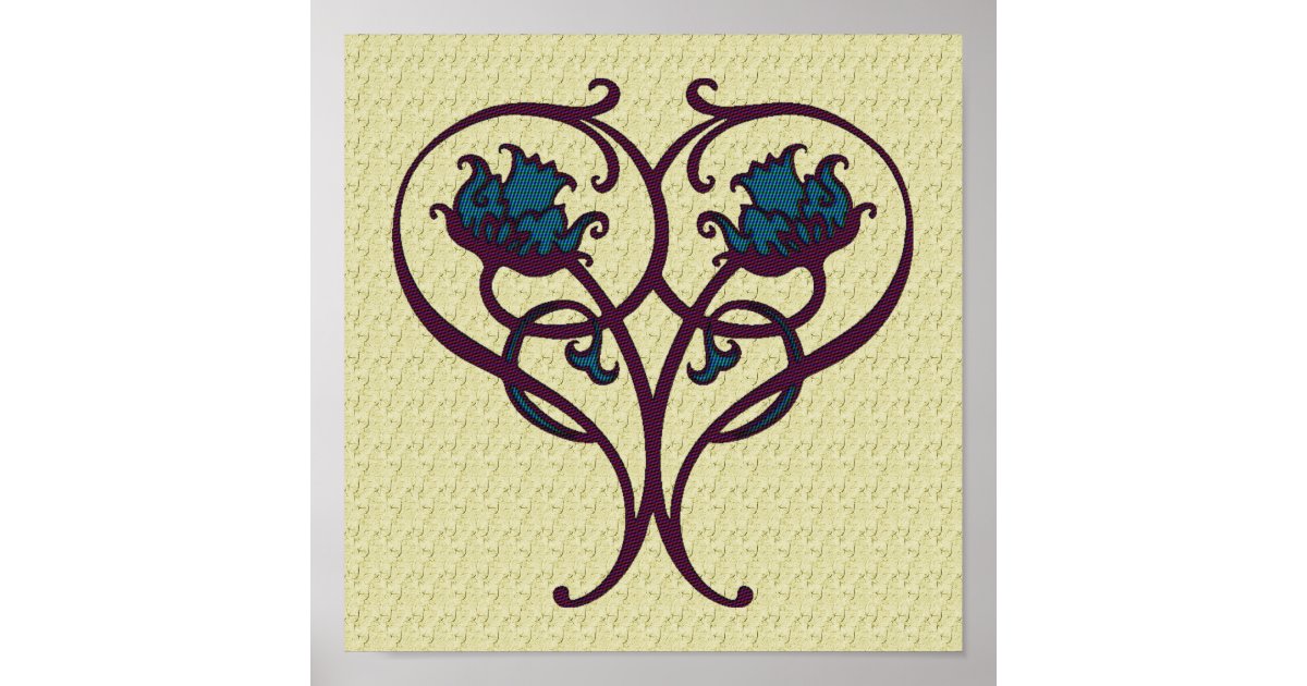 Plum And Blue Ornate Floral Design Art Poster | Zazzle