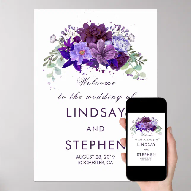 Plum and Violet Purple Floral Wedding Welcome Sign | Zazzle