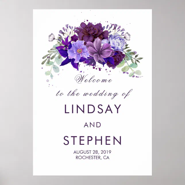 Plum and Violet Purple Floral Wedding Welcome Sign | Zazzle