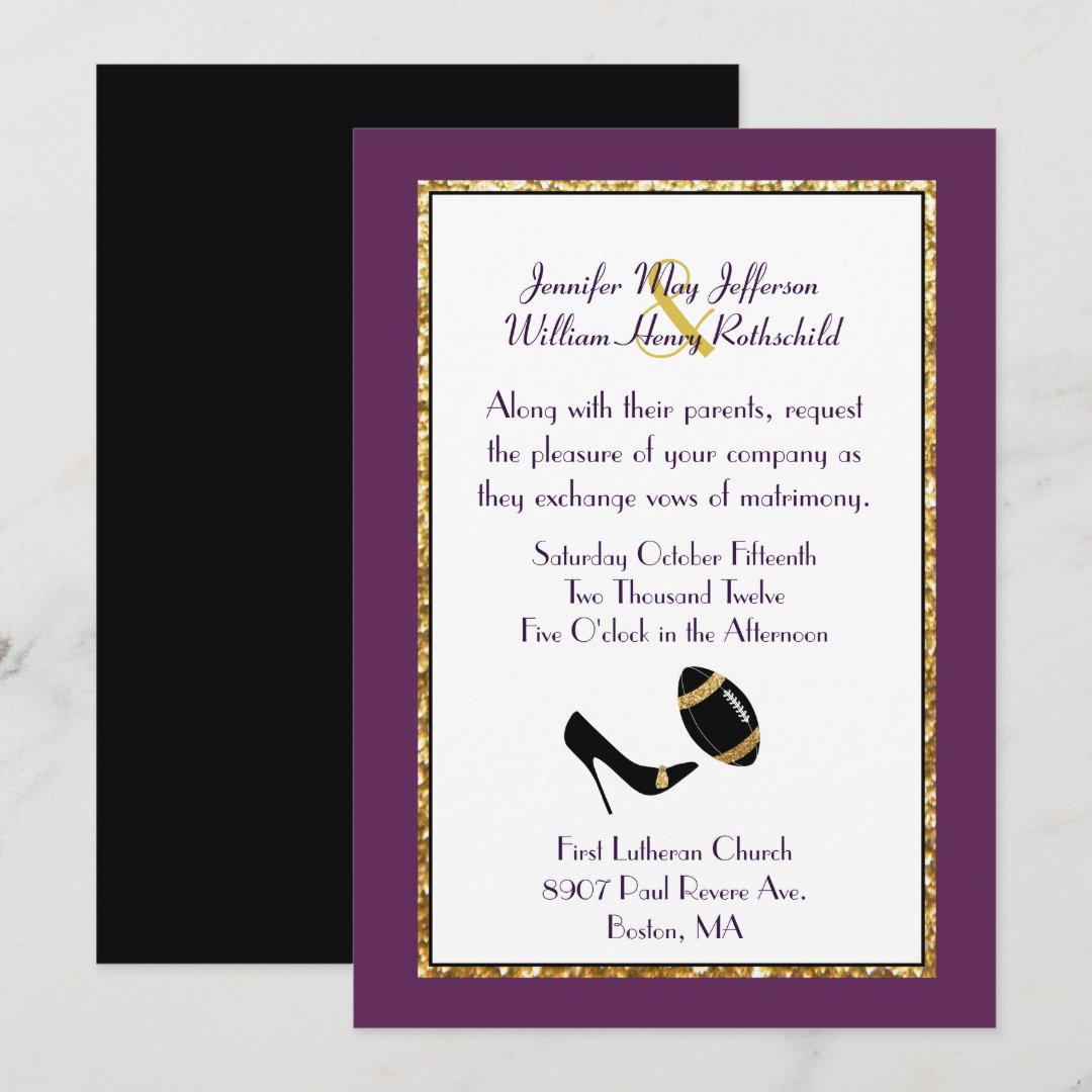 Plum, Black and Gold Football Wedding Invitation | Zazzle
