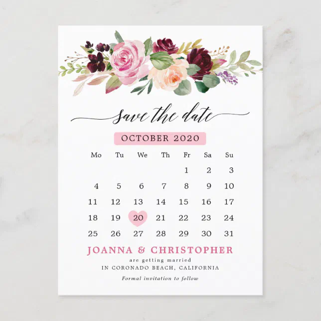 Plum Blush Pink Floral Calendar Save the date Announcement Postcard ...
