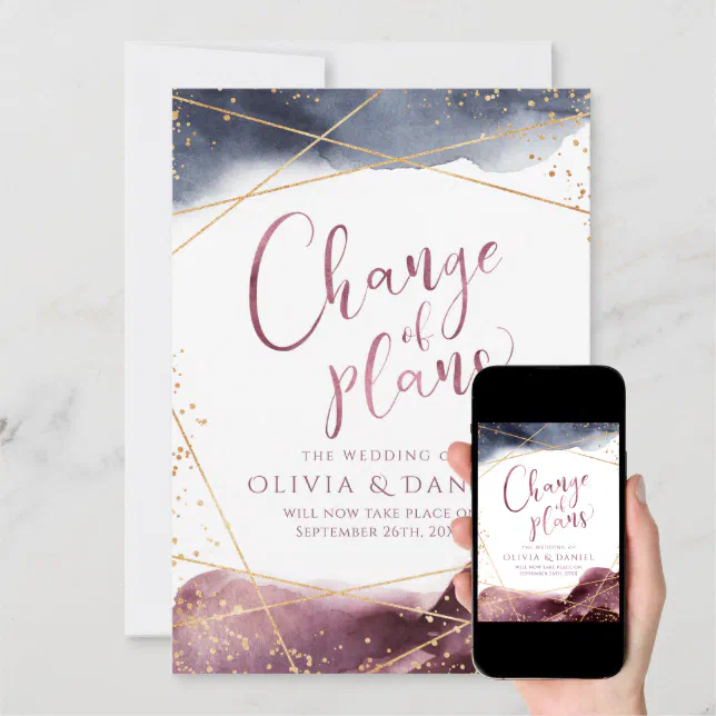 Plum Dust Watercolor Geometric change of plans Invitation | Zazzle