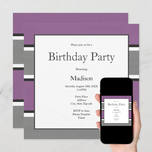Plum Gray and White Stripes Invitation | Zazzle
