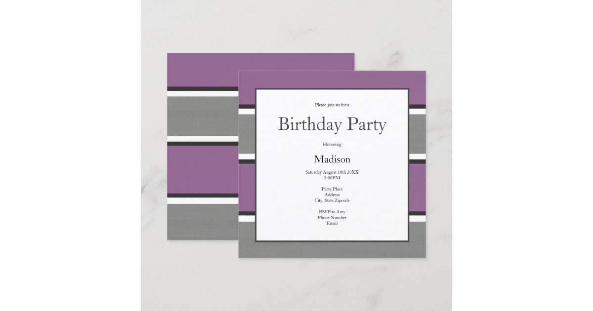 Plum Gray and White Stripes Invitation | Zazzle