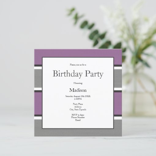 Plum Gray and White Stripes Invitation | Zazzle