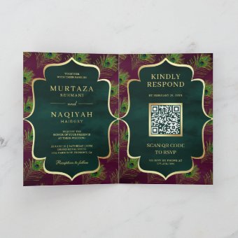 Plum Green Peacock Feathers QR Code Muslim Wedding Invitation | Zazzle