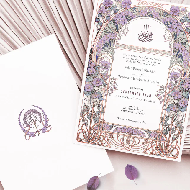 Plum Lilac Art Nouveau Inspired Islamic Wedding Invitation | Zazzle