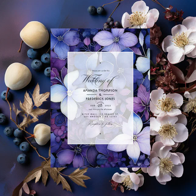Plum, Navy Blue, and Silver Floral Wedding Invitation | Zazzle