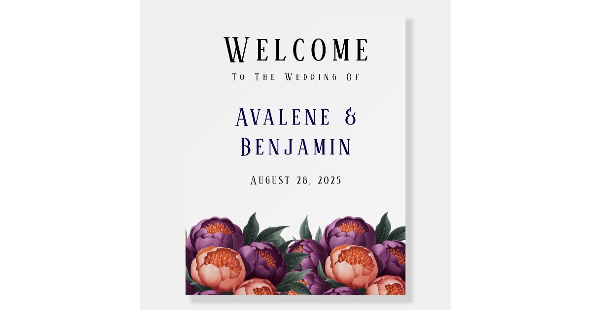 Plum & Orange Painted Peony Wedding Welcome Sign | Zazzle