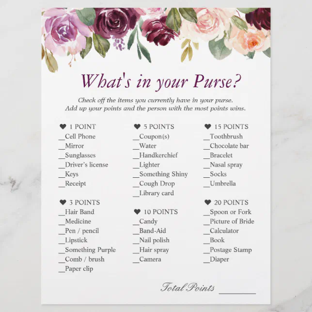 Plum Purple Blush Floral What's In Your Purse Game Flyer | Zazzle