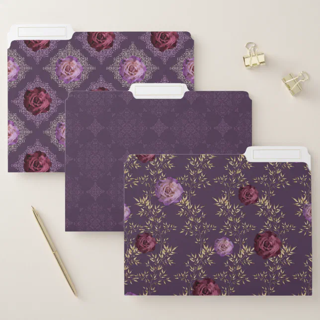 PLUM & PURPLE FLORAL PATTERNS WITH GOLD FILE FOLDER | Zazzle