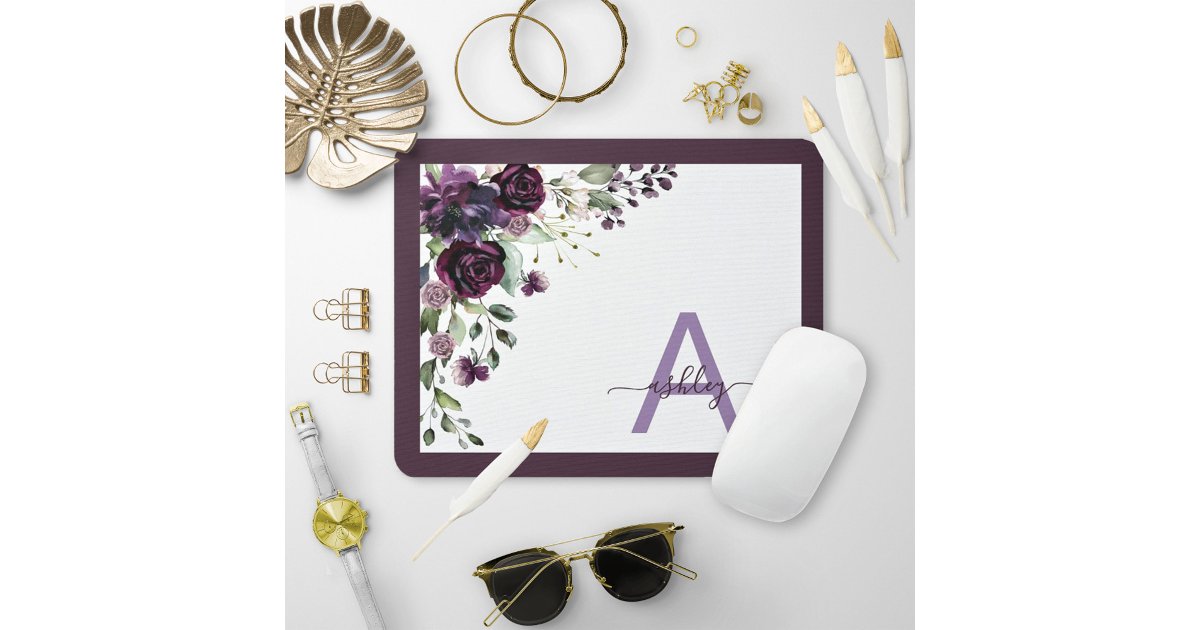 Plum Purple Floral Script Name Monogram Initial Mouse Pad | Zazzle