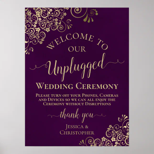 Plum Purple & Gold Chic Unplugged Wedding Ceremony Poster | Zazzle
