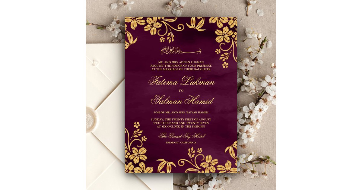 Plum Purple Gold Floral Islamic Muslim Wedding Invitation | Zazzle