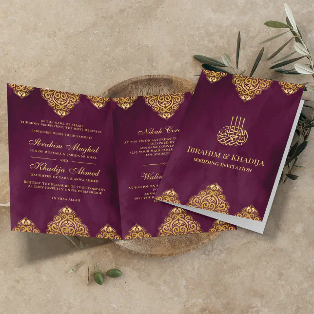 Plum Purple Gold Islamic Motif Muslim Wedding Invitation | Zazzle