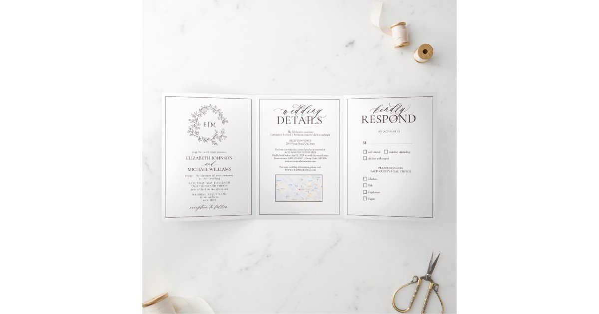 Plum Purple Leafy Crest Monogram Wedding Tri-Fold Invitation | Zazzle