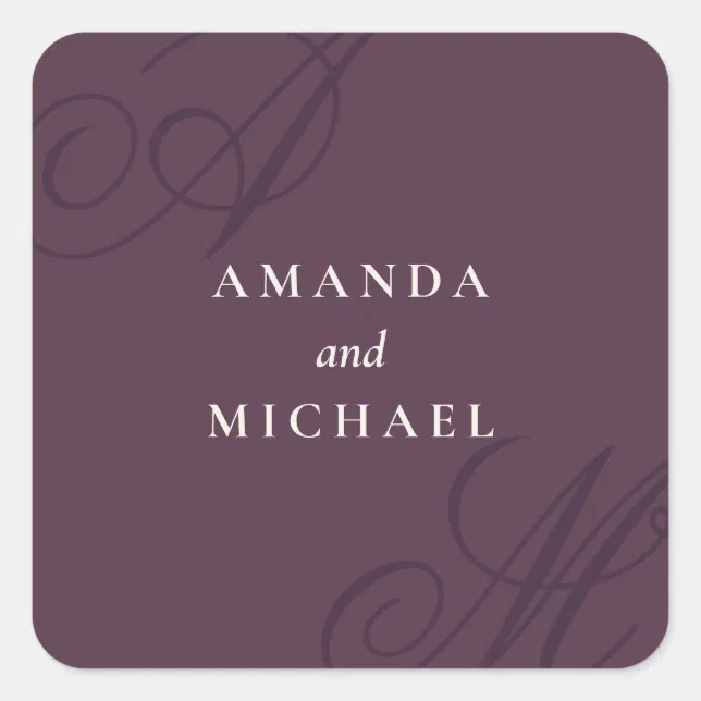 Plum Purple Modern Edge Elegant Monogram Wedding Square Sticker | Zazzle