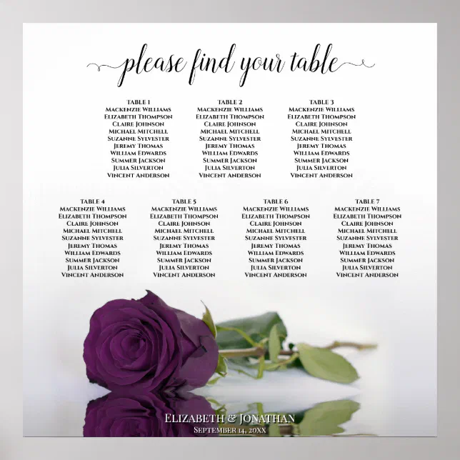 Plum Purple Rose 7 Table Wedding Seating Chart | Zazzle