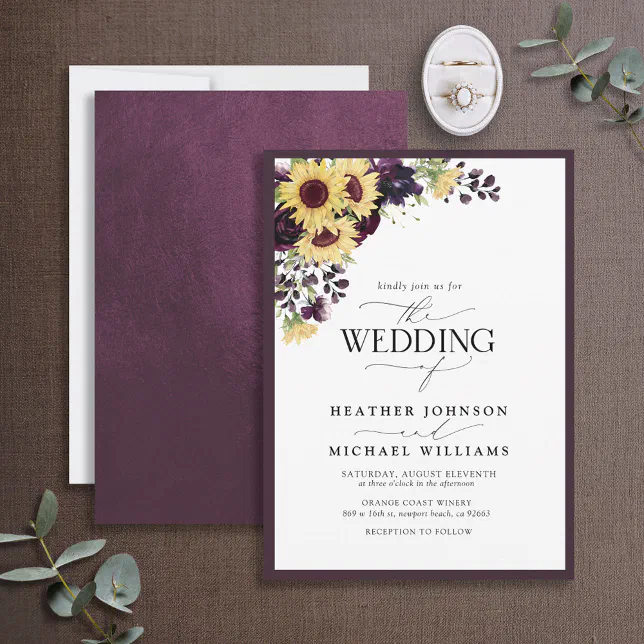 Plum Purple Sunflower Watercolor Script Wedding Invitation | Zazzle