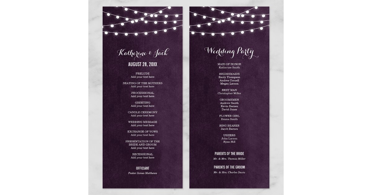 Plum String Lights Wedding Program | Zazzle