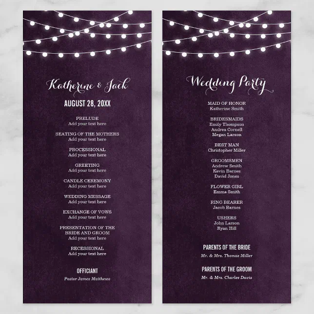 Plum String Lights Wedding Program | Zazzle