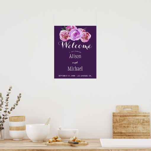 Plum violet floral elegant wedding welcome sign | Zazzle