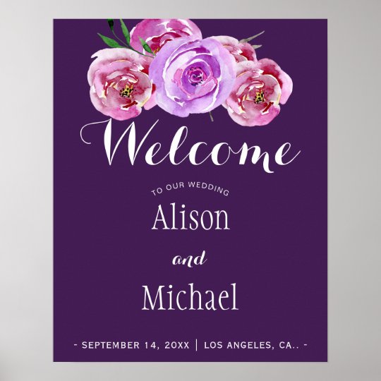 Plum violet floral elegant wedding welcome sign | Zazzle.com