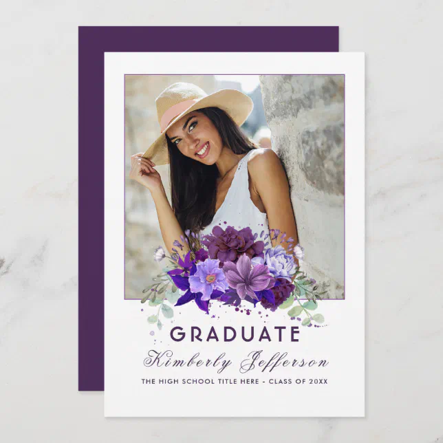 Plum Violet Purple Floral Photo Graduation Invitation | Zazzle