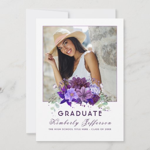 Plum Violet Purple Floral Photo Graduation Invitation | Zazzle