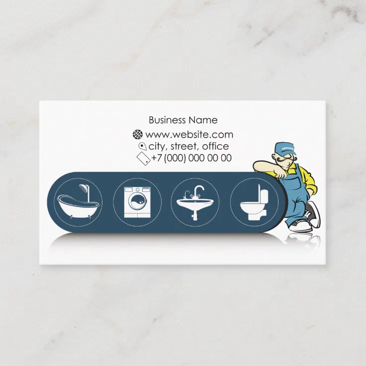 Plumber in uniform repairing plumbing business card | Zazzle