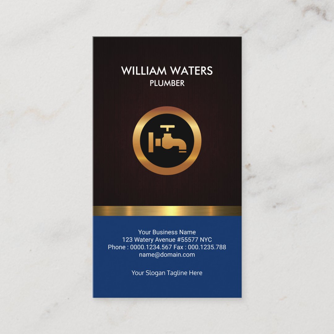 Plumber's Striking Gold Icon Blue Water Wood Grain Business Card | Zazzle