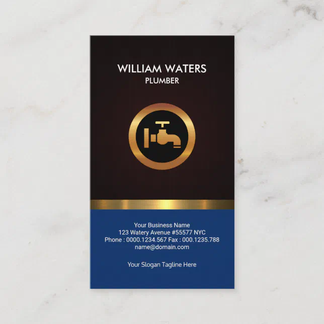 Plumber's Striking Gold Icon Blue Water Wood Grain Business Card | Zazzle