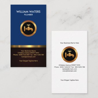 Plumber's Striking Gold Icon Retro Blue Wood Grain Business Card | Zazzle