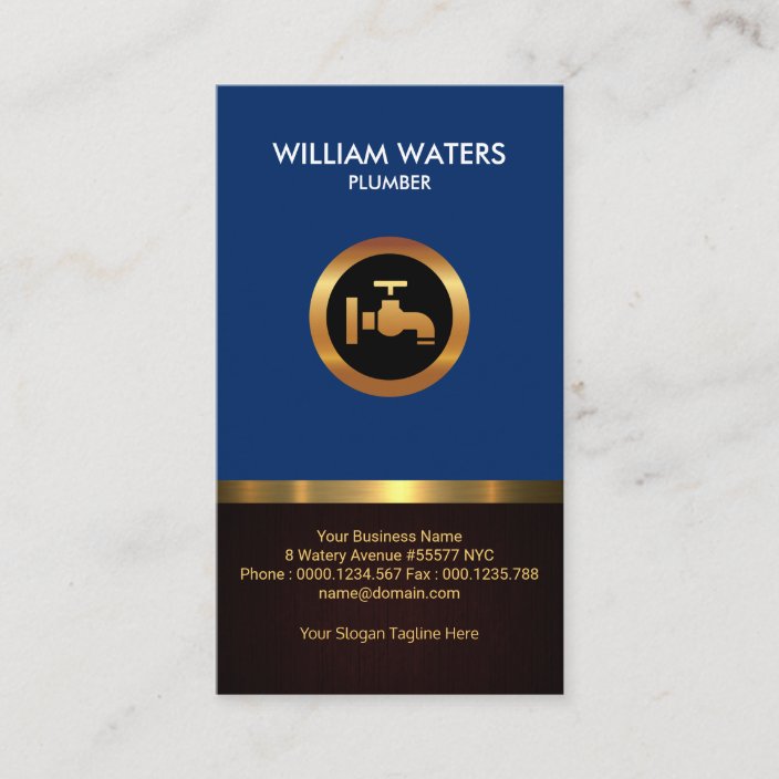 Plumber's Striking Gold Icon Retro Blue Wood Grain Business Card ...