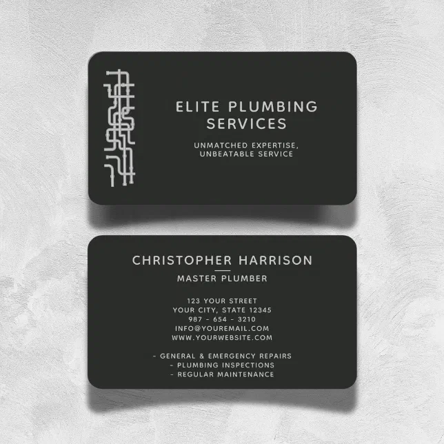 Plumbing Repair Service Water Pipes Modern Black Business Card | Zazzle