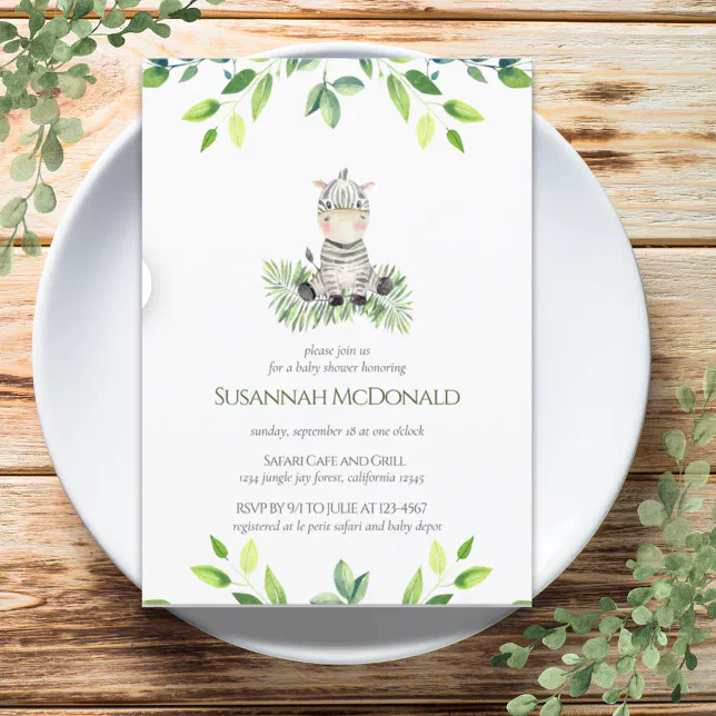 Plush Zebra | Safari Theme Greenery Baby Shower Invitation | Zazzle
